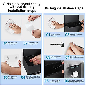 Toilet Paper Holder with Shelf,Wall Mount Wipes Dispenser & Storage for Bathroom,Keep Wet Wipes Hidden,Stainless Steel Bathroom Organizer Black Update Larger