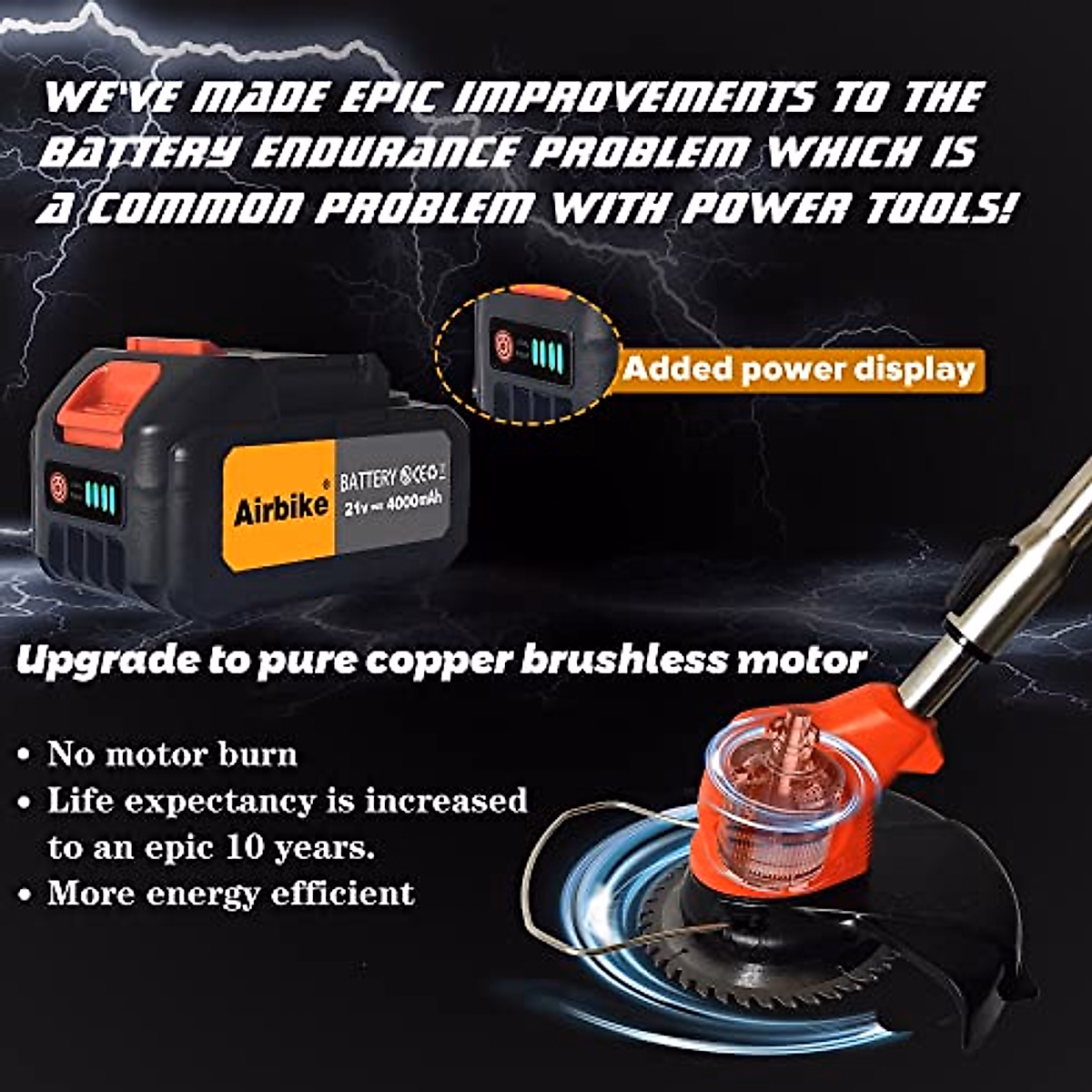 Airbike Brush Cutter Weed Wacker Weed Eater Edger Lawn Tool (Upgraded Version), Multi-Purpose, Lightweight, for Lawn, Yard, Garden, Shrub Trimming and Pruning (Red Blade Trimmer + 2 Batteries)