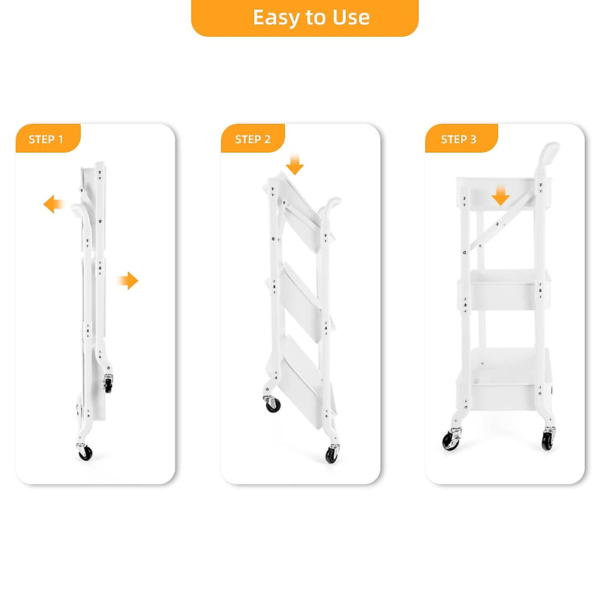 Amatic 3 Tier Foldable Metal Rolling Cart, Collapsible Rolling Storage Organizer with Wheels, Folding Laundry Utility Cart for Kitchen & Office, Include 3 Hanging Cups & 6 Hooks (White)