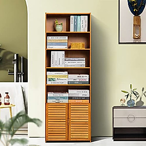 MoNiBloom 7 Tier Bookcase with Shutter Doors Bamboo Free Standing Display Shelf Organizer Stand for Home Office Living Room, Brown