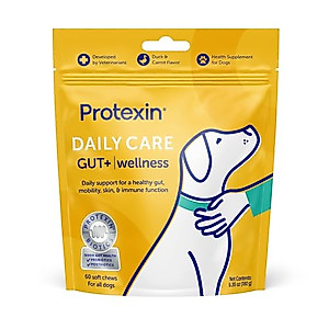 Protexin Daily Care Gut+ Wellness, 60 probiotic and postbiotic Dog Supplement Chews – Duck and Carrot Flavored