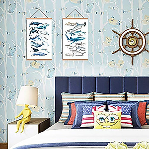 HPNIUB Natural Wood Magnetic Hanger Frame Poster- Shark & Whale Wall Art Print ,Sea Life Canvas Poster,Educational Science Wall Art Painting For Classroom Decor, 28X45cm Frames Hanging Kit