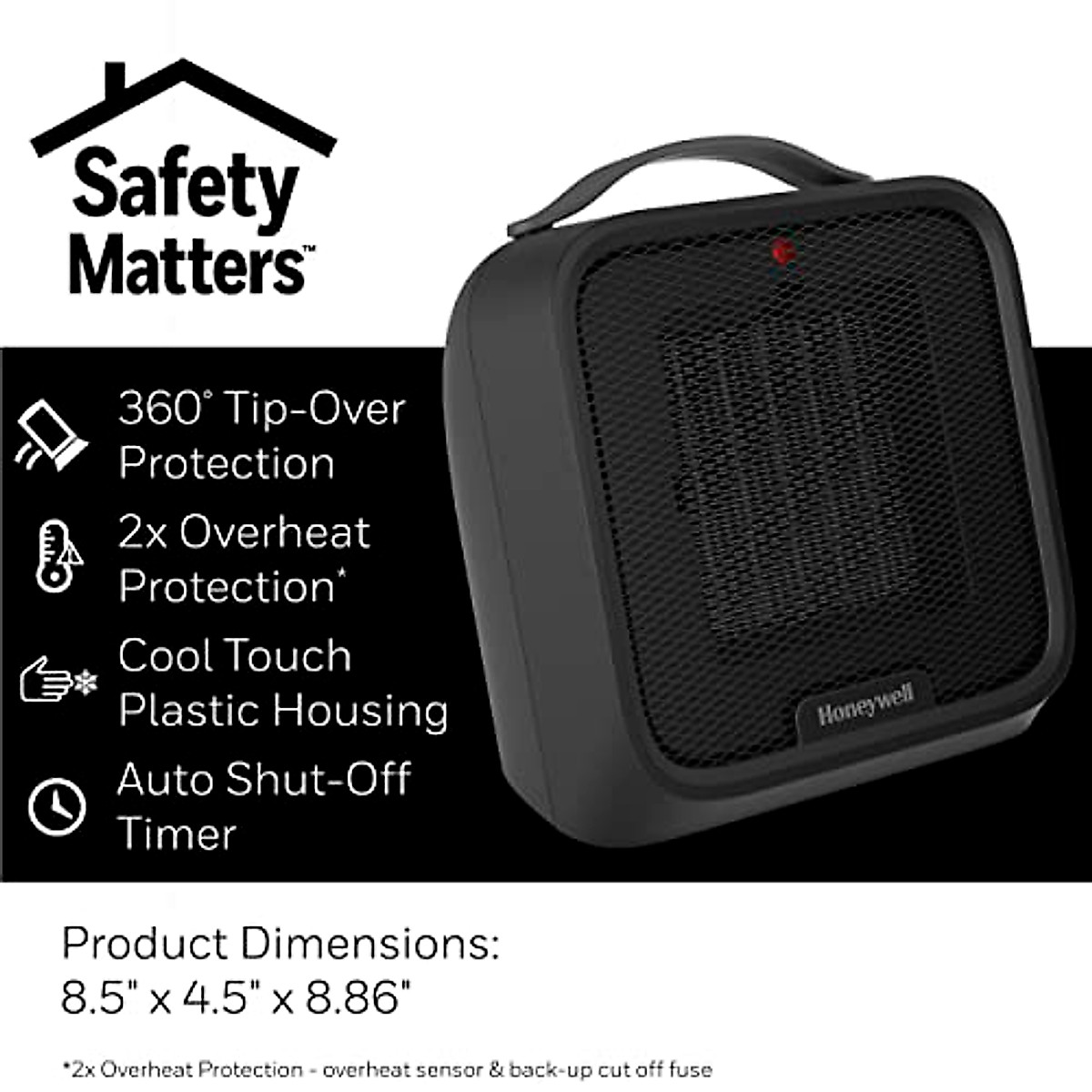 Honeywell UberHeat Plus Ceramic Space Heater for Small Rooms, Quiet, Compact Personal Heater with Variable Heat Settings and Auto-off Timer, Black, HCE220B