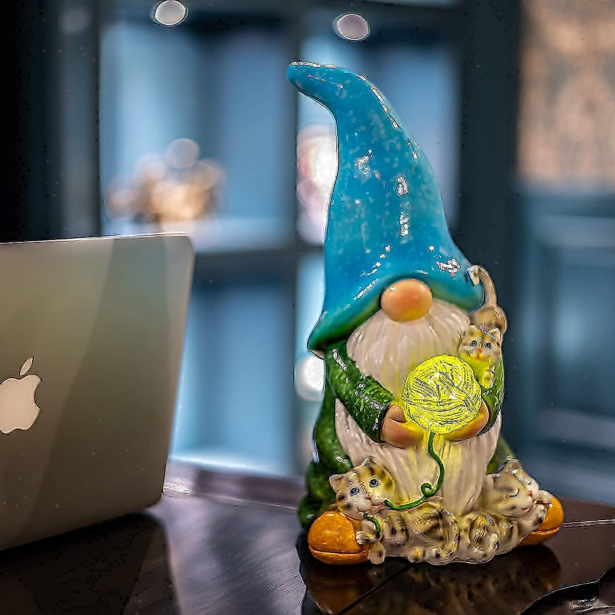 FLJZCZM Garden Statues Gnomes Decor, 10'' Gnome Cat Figurine Holding Ball with Solar LED Lights for Outdoor Indoor Patio Yard Lawn Ornament Christmas Halloween Decorations, Blue Hat