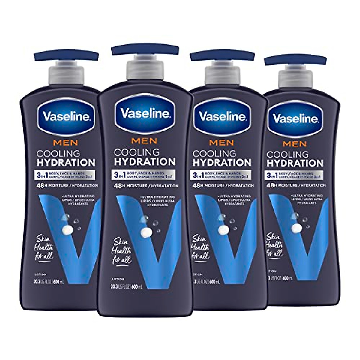 Vaseline Men Cooling Hydration 3-in-1 Face, Hands & Body Lotion for Men for Dry Skin with Menthol & Ultra-Hydrating Lipids 20.3 oz, Pack of 4