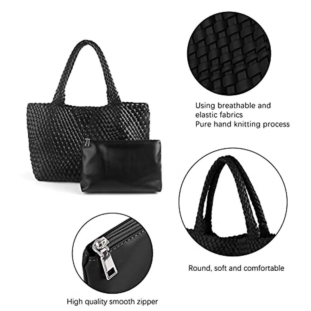 Woven Bag for Women, Vegan Leather Tote Bag Large Summer Beach Travel Handbag and Purse Retro Handmade Shoulder Bag (Black)