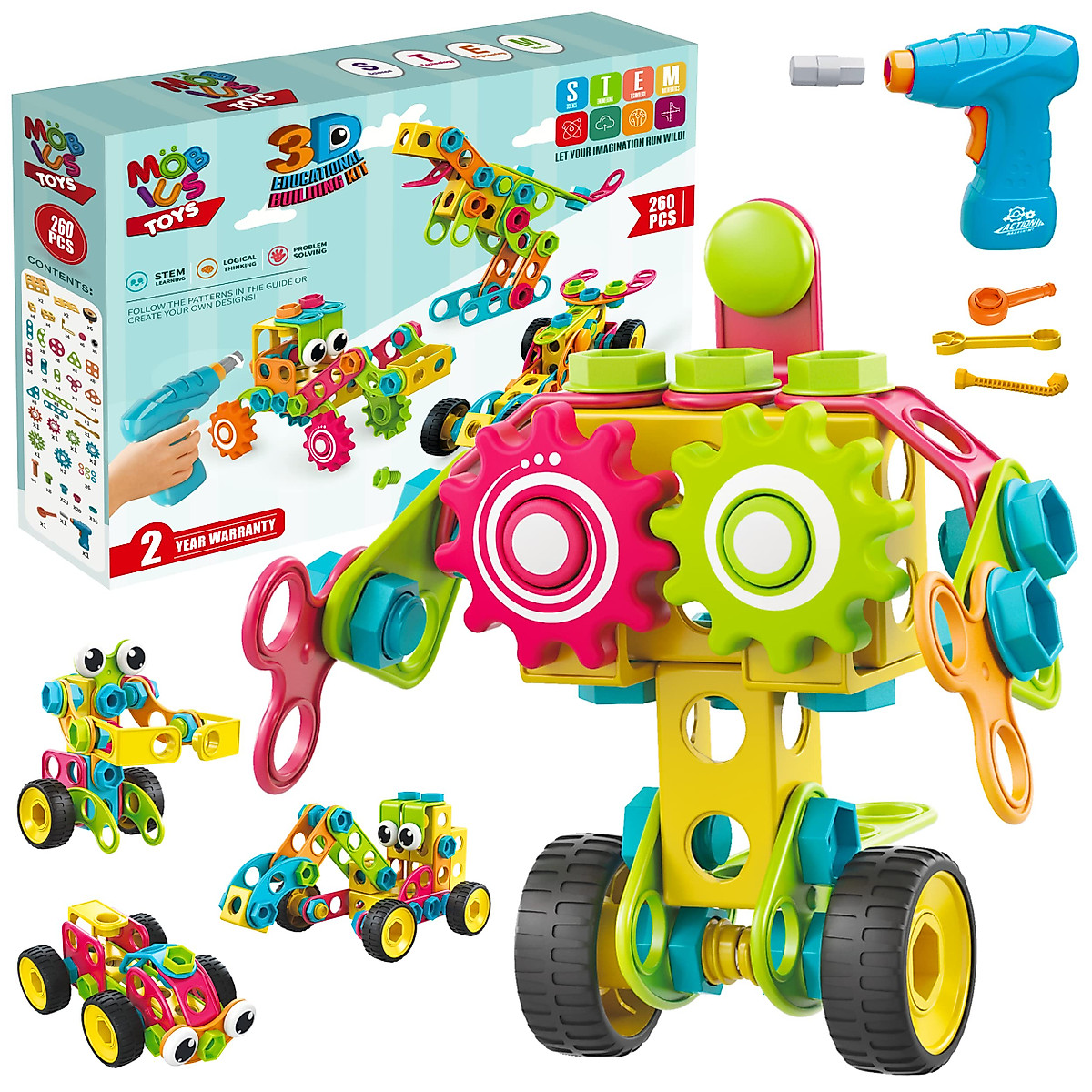 MOBI-US Toys 260 Piece STEM Learning Toys Kids Construction Engineering Kit Building Block Toy Blocks Children Early Education Playset Power Drill w/Free IdeaBook, Clickable Ratchet, Age 3+ US-T260