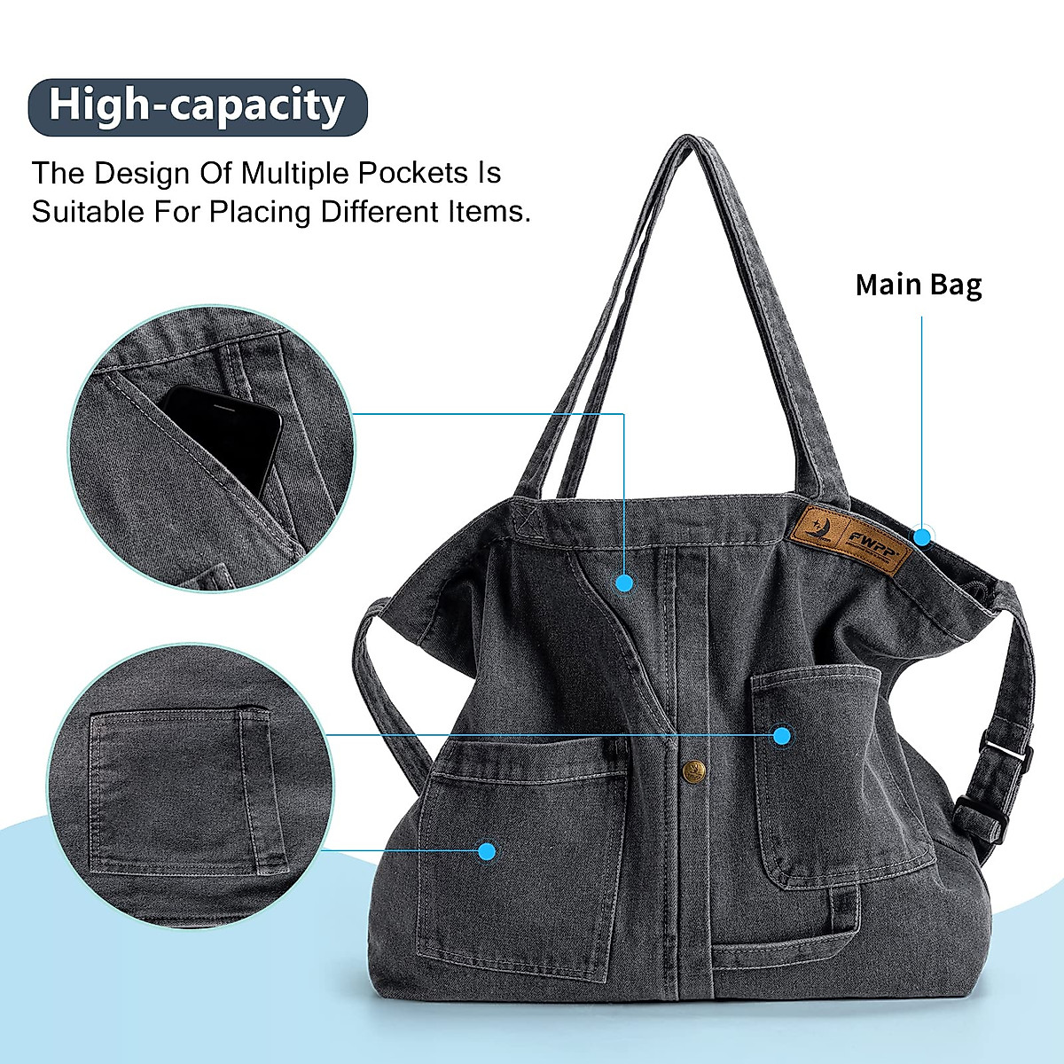 FWPP Womens Denim Hobo Bags, Jeans Casual Shoulder Bags for School Office Travel