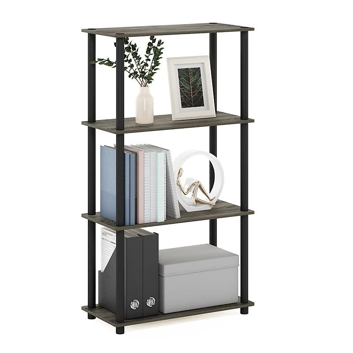 Furinno (99557GYW/BK) Turn-N-Tube 4-Tier Multipurpose Shelf Display Rack - French Oak Grey/Black