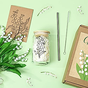 Nefelibata Lily of the Valley Iced Coffee Cup Birth Flower Beer Glass Can 16OZ Glass Drinking Cup with Bamboo Lid Metal Straw Cleaning Brush May Birth Flower Floral Decor Birthday Gift for Mom