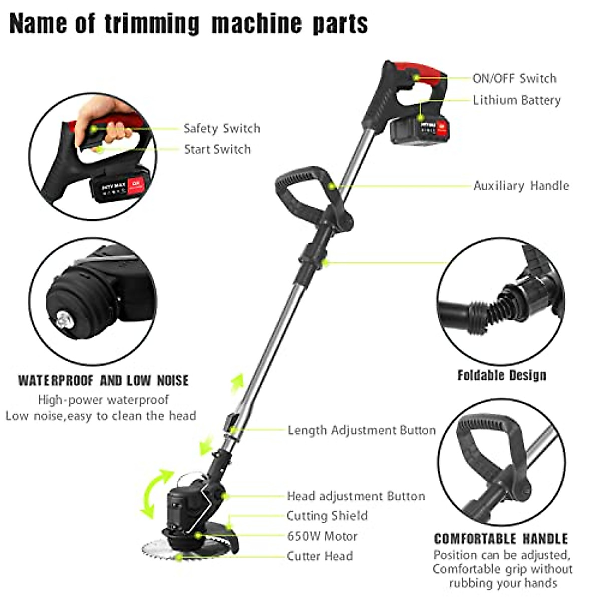 Grass Strimmer Foldable Grass Strimmer, Shengyatu 21V Electric Cordless strimmer 800W Grass Trimmer Brush Cutter, Lawn Mower Garden Tools, Black