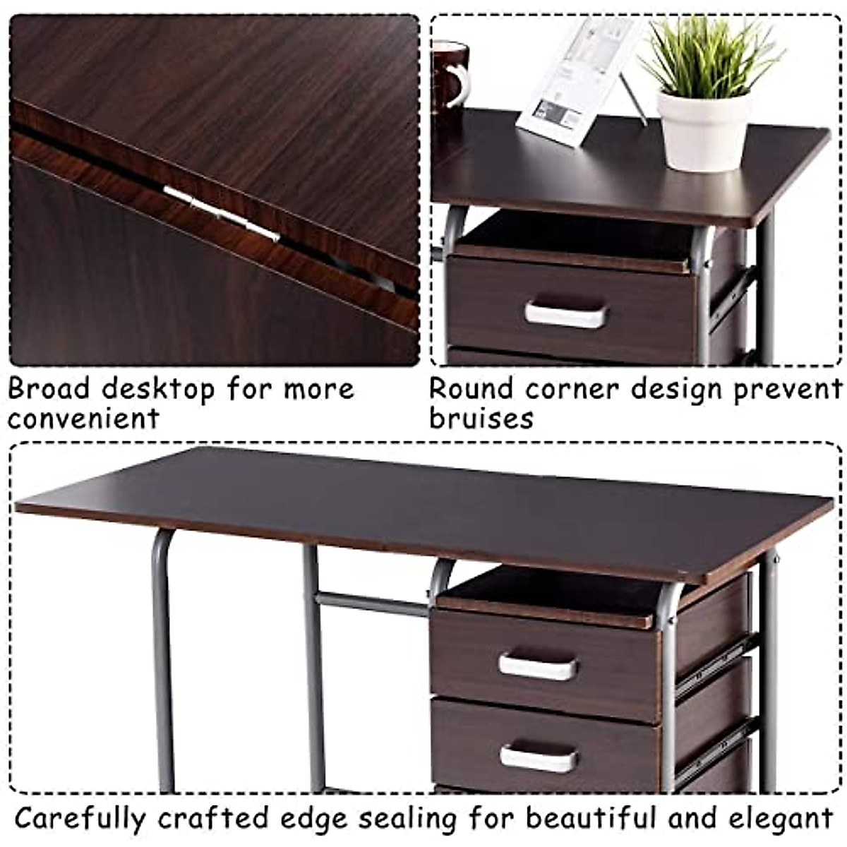 CHEFJOY Folding Computer Study Desk, Home Office Desk with 6 Smooth Wheels & 3 Large Drawers, Mobile Laptop Desk Writing Table for Small Space, Bedroom, Living Room (Brown)