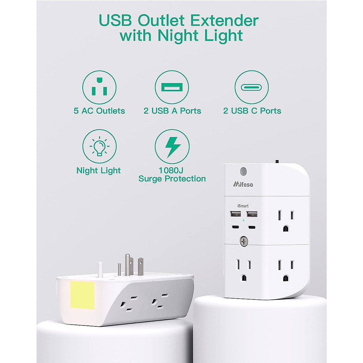 Outlet Extender with Night Light, 5-Outlet Surge Protector with 3 USB Charging Ports, 1800J Power Strip Multi Plug Outlets Wall Adapter Expander with Spaced Outlets for Home, School, Office