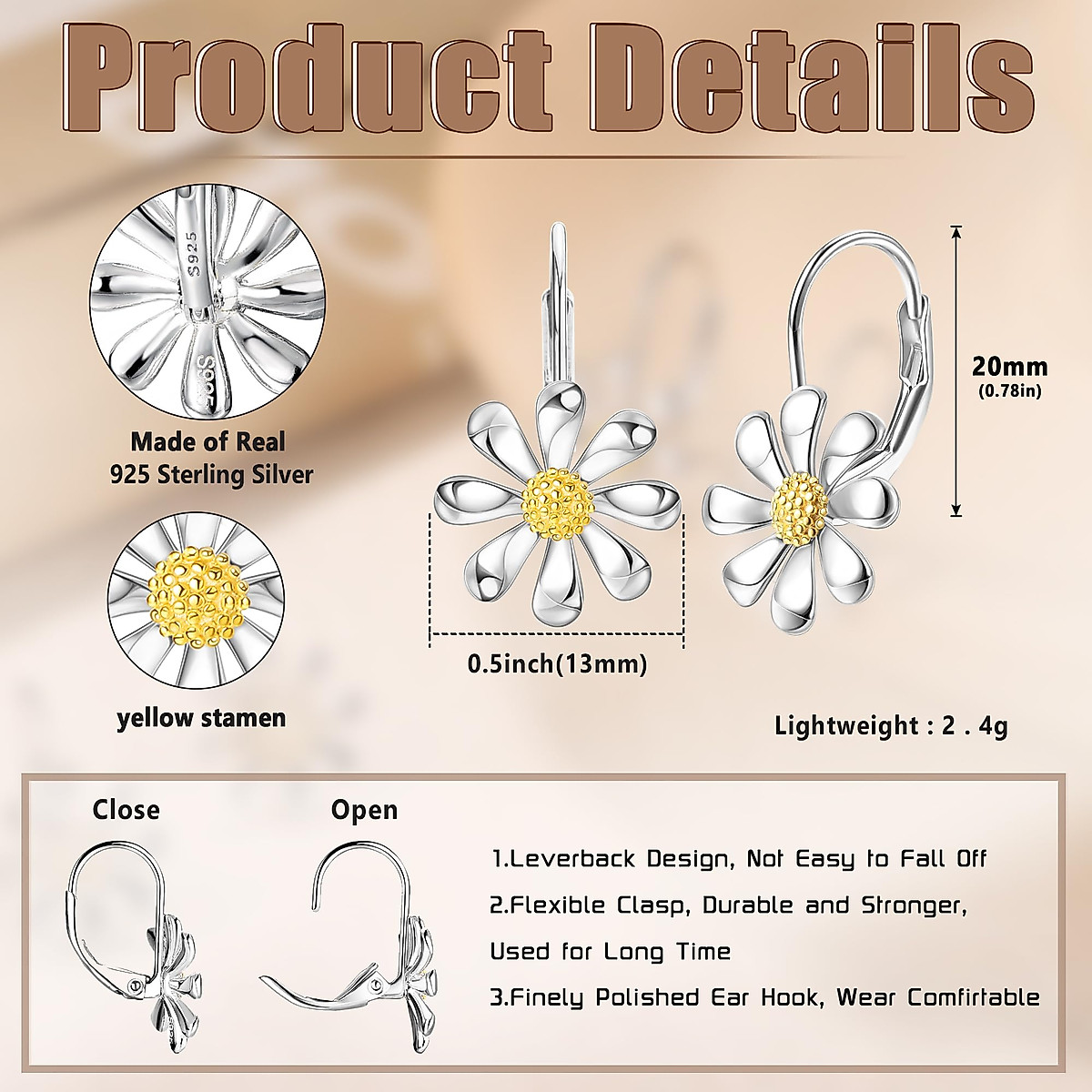 MILACOLATO 925 Sterling Silver Daisy Earrings 18K White Gold Plated Leverback Earrings Dainty Daisy Flower Drop Dangle Earrings Hypoallergenic Daisy Flower Jewelry Gifts for Women for Sensitive Ears-1