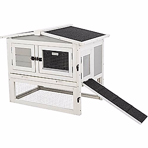 TRIXIE Natura Insulated Rabbit Hutch with Large Run, Hinged Peaked Roof, 2-Story with Ramp, for Rabbits or Guinea Pigs, Gray/White