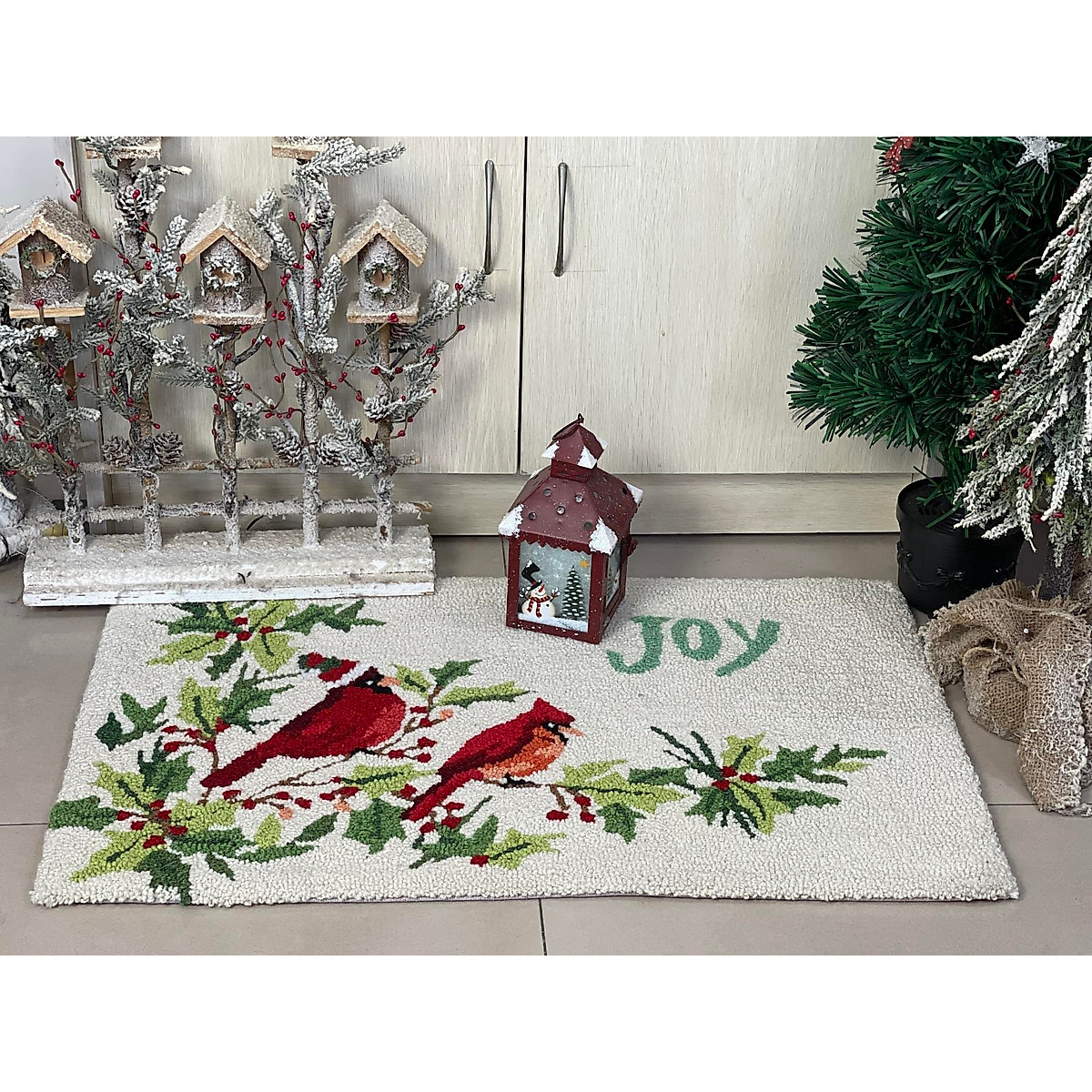 EZ.enjoy Winter Cardinal on Branch Holly Berries Joy Hand-Hooked Accent Rug 28.5 X 17 Inches for Holiday Christmas Home Decor