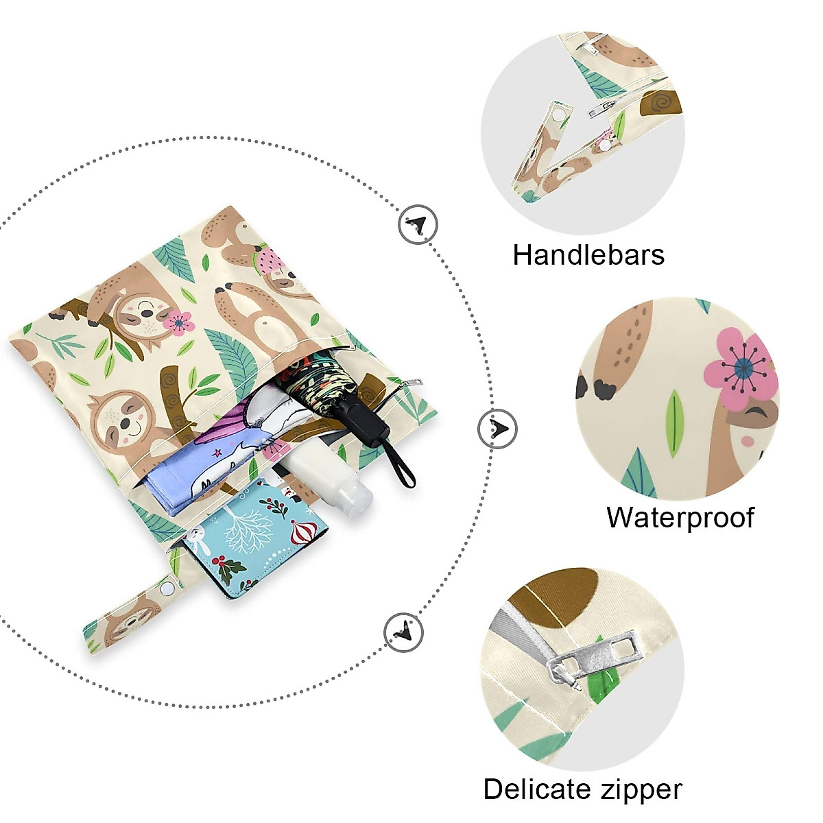 xigua 2PCS Baby Cloth Diaper Wet Dry Bags Waterproof Reusable with Two Zippered Travel Bags Beach Pool Stroller Dirty Gym Clothes Wet Swimsuits - 11.8 x 14.2in (Cute Playing Sloth)