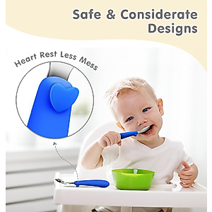 Toddler Utensils with Silicone Handle,6 pcs Kids Silverware Set,Baby Forks and Spoons for Self-Feeding,Green Yellow Navy