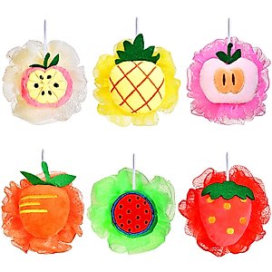 6 Pieces Cute Fruit Bath Shower Sponge Loofahs Mesh Pouf Shower Ball Colorful Cartoon Body Scrubber Balls Shower Mesh for Kids Adults