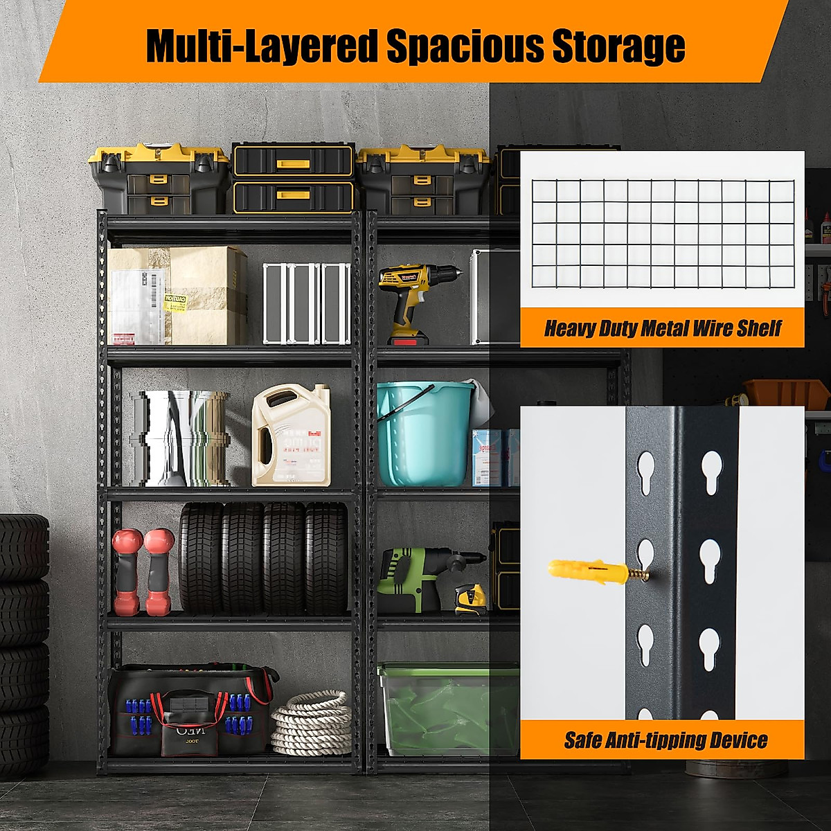 Giantex 2Pcs 5-Tier Storage Shelves, 35.5" x 15.5" x 72" Height Adjustable Metal Storage Utility Rack Shelf with Anti-tipping Device, Heavy Duty Garage Shelving for Warehouse, Basement, Kitchen, Black