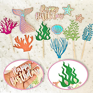 20 PCS Mermaid Cake Toppers with 3D Mermaid Seaweed Folding Fans Shell Starfish Cake Decoration for Kids Girls Birthday Party Baby Shower Supplies (STYLE1)