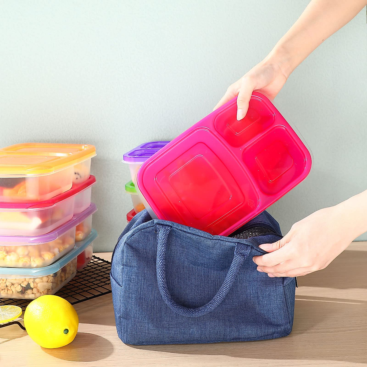 22 Pack Bento Lunch Box with Lids Reusable Lunch Containers with Compartment Divided Food Snack Storage Containers Meal Prep Containers, Microwave Safe for Kids School Work Travel, 3 Types, Multicolor