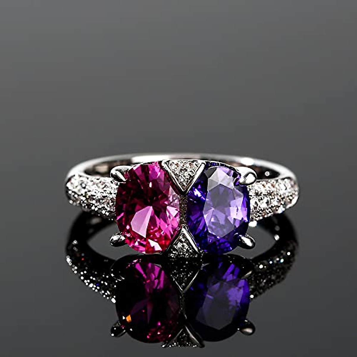 Jeulia Sterling Silver Purple Amethyst Women Ring Women's 2-Stone Engagement Ring Oval Fancy Pink diamond Promise Wedding Band Anniversary Crystal Halo Bridal Ring Set with Jewelry Gift Box (Amethyst+Pink, 9)