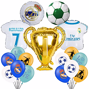 Soccer Theme Birthday Party Supplies Include 12pcs Latex Balloons, 5pcs Foil Balloons, Real Madrid CF Theme Balloons for Party Decorations, Cristiano Ronaldo Birthday Party Favors
