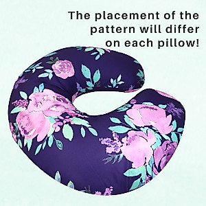 Purple Floral Nursing Pillow Cover, Breastfeeding Pillow Slipcover for Baby Boys & Girls, Nursing Pillow Case for Newborn, Soft Fabric Fits Snug On Infant, Washable & Breathable, Watercolor Flower