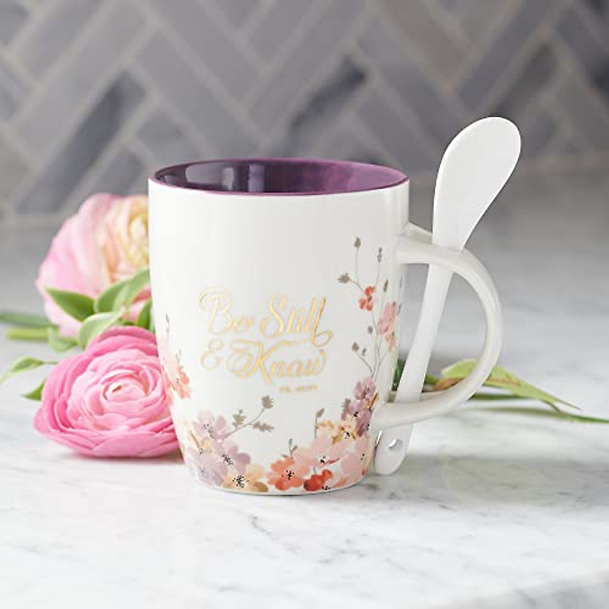 Christian Art Gifts Coffee and Tea Scripture Mug with Ceramic Spoon Set for Women: Be Still and Know - Psalm 46:10 Inspirational Bible Verse Message Hot & Cold Beverage, Purple/White Floral, 12 oz.