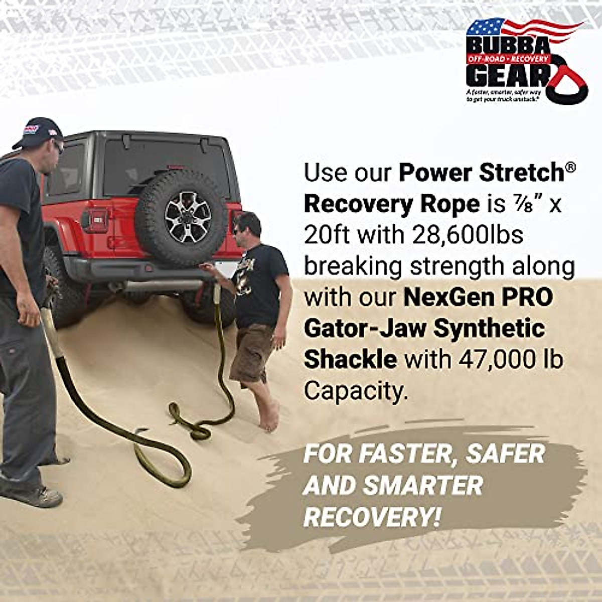 Bubba Rope Heavy-Duty Off-Road Vehicle Tow Recovery Gear Set Renegade Power Stretch Recovery Rope, 3/4” x 20’ & NexGen PRO Gator-Jaw Synthetic Shackles, 3/8” x 6.5” - Desert Tan