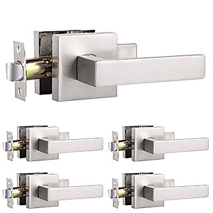 Knobonly 5 Pack Heavy Duty Door Passage Handle Door Lever Hallway Closet Keyless Brushed Nickel Square Door Handleset