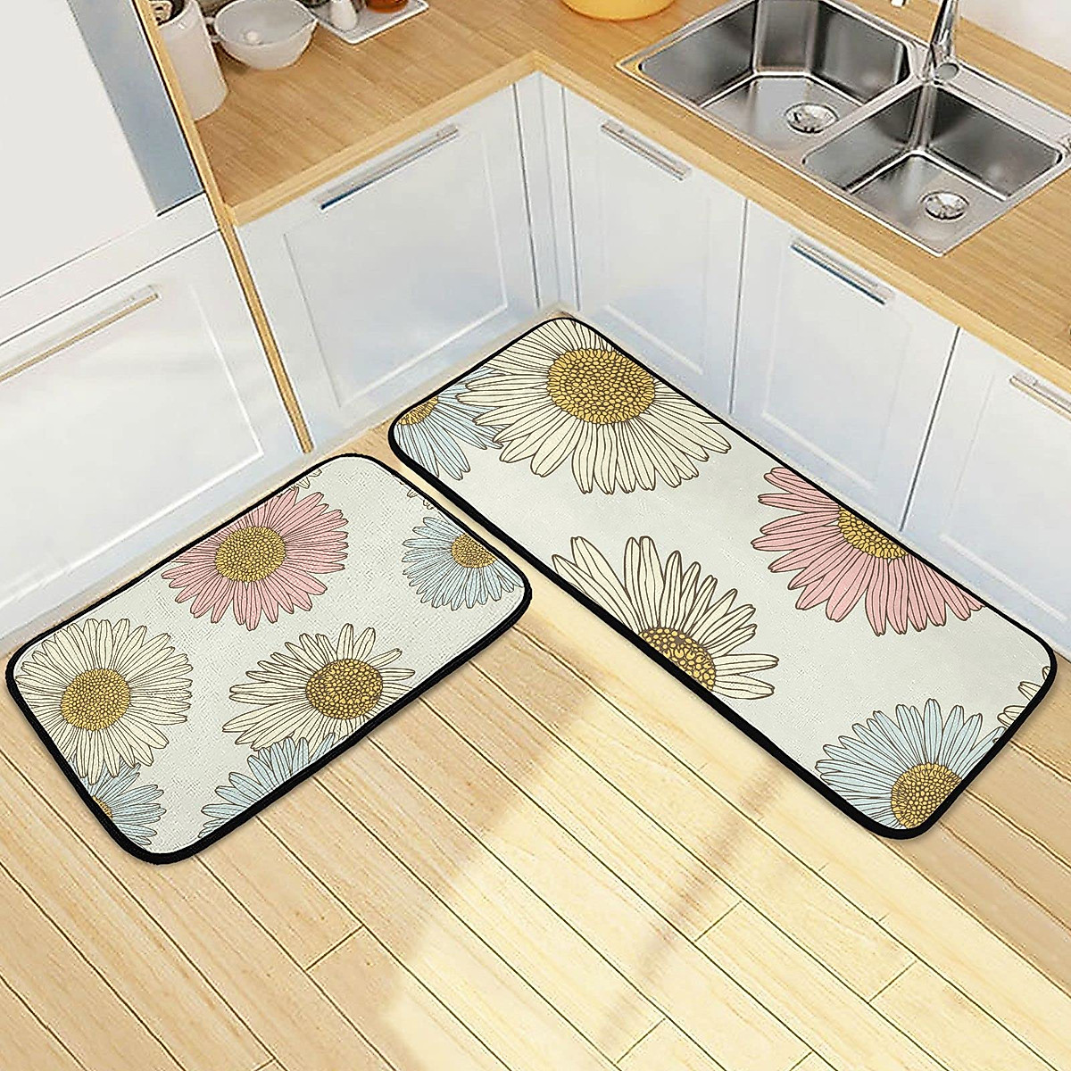 BOENLE Blooming Daisy Kitchen Rugs and Mats Non Skid Washable Kitchen Rug Set 2 Piece Carpet Ergonomic Comfort Standing Mat for Kitchen,Bathroom, Laundry