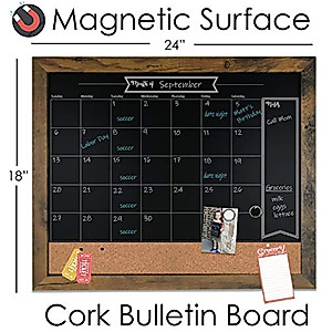 Loddie Doddie 18x24 Rustic Framed Chalkboard Calendar and Bulletin Combo Board. Includes Chalk Markers, Push-Pins and Magnets. Blackboard - Calendar - Cork Board. Perfect for Organizing Your Space
