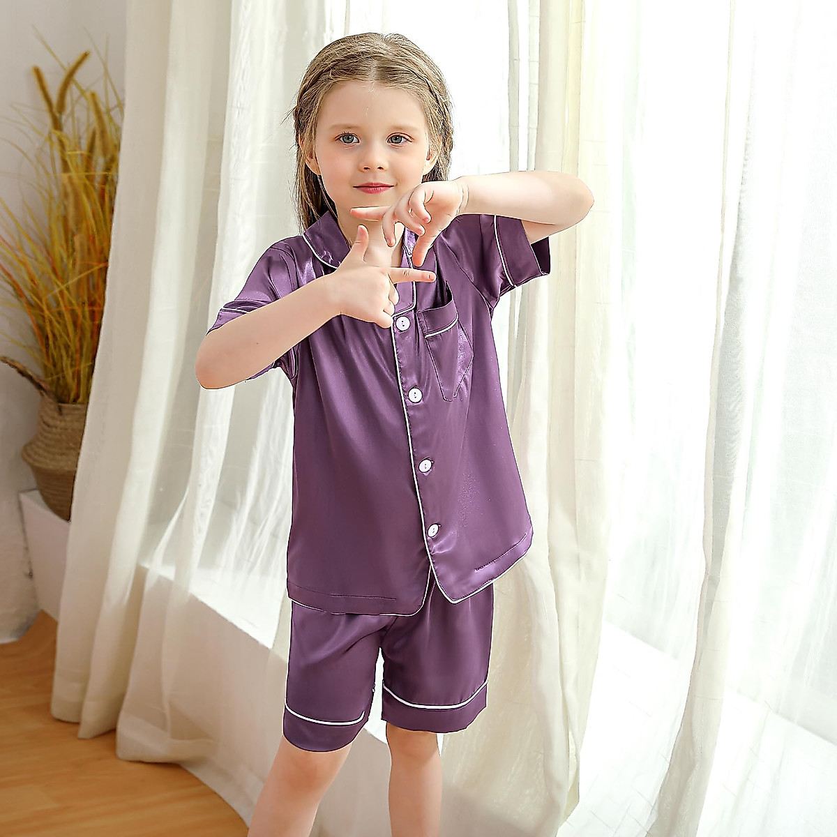 Weixinbuy Pajama Set for Kid Baby Boy Girl Button-up Silk Pajama Sleepwear Nightwear Loungewear Clothes Set Gifts for Kids