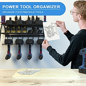 Heavy Duty Tool Organizer with charging station, 3 Layers Garage Pegboard Tool Rack, Power Tool Organizer Wall Mounted with 7 -Hole outlets Surge Protector, 4 Power Drill