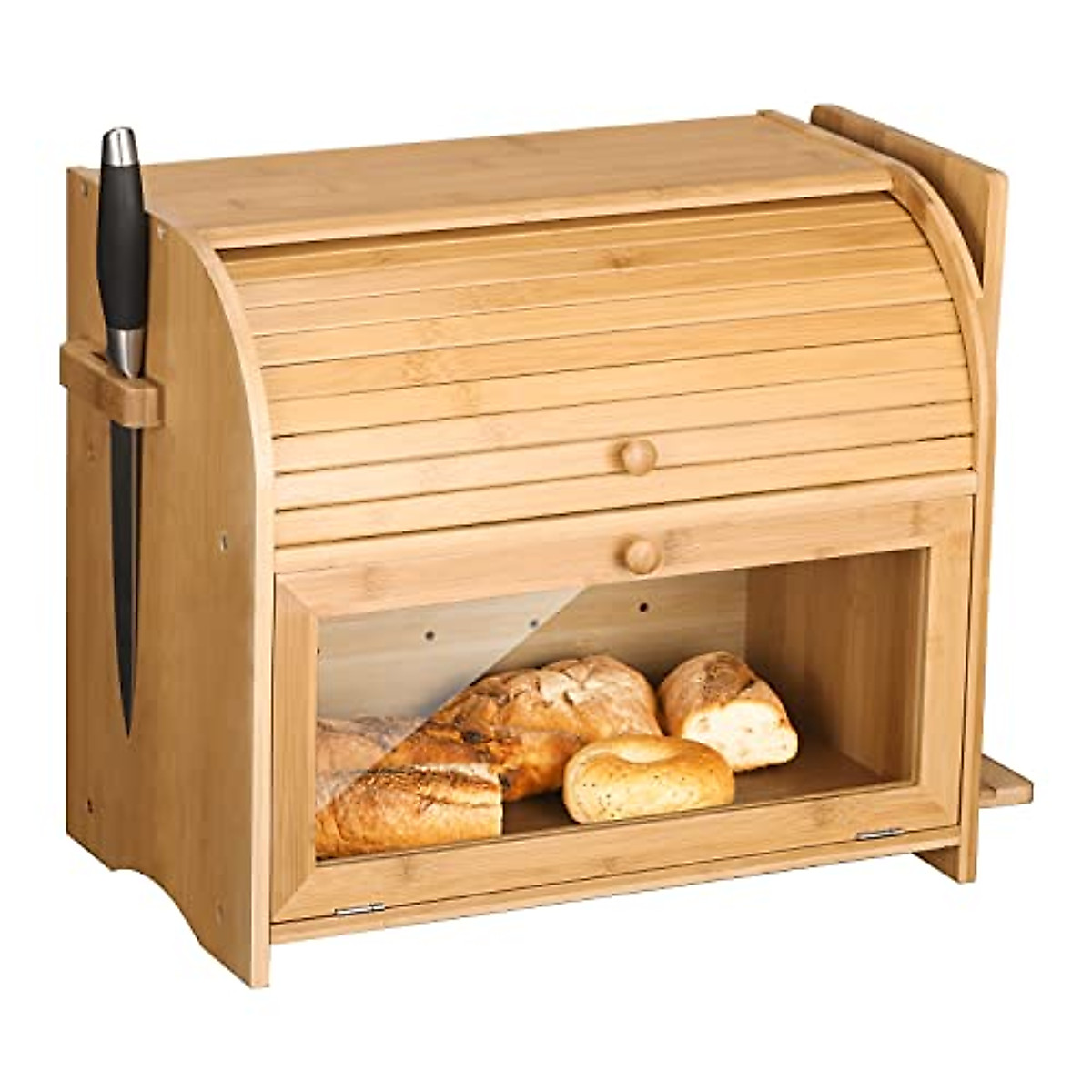 HOMEKOKO Double Layer Large Roll Top Bread Box for Kitchen Counter, Retro Design Wooden Large Capacity Bread Storage Bin (Natural)