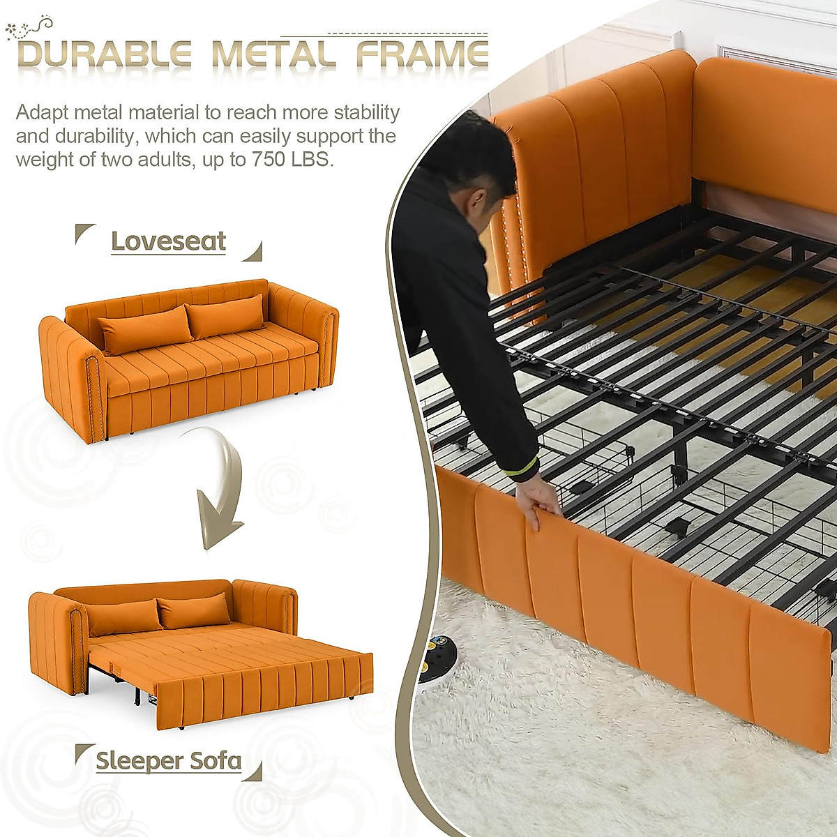Antetek Oversized Sleeper Sofa w/Pullout Bed, 82-inch Modern Velvet Fabric Deep 3-Seat Couch with Metal Frame, 2 Toss Pillows, Comfy Upholstered Furniture for Living Room, Orange