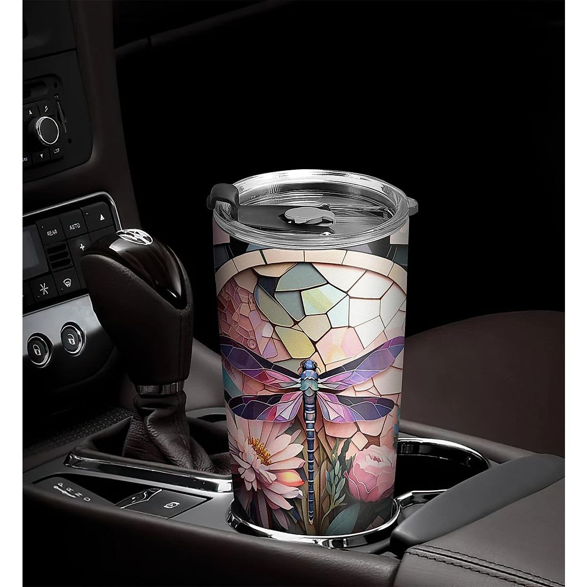 ORCAE 20oz Pink Crystal Stained Glass Flower Dragonfly Tumbler, Gifts for Dragonfly Lovers, Coffee Thermos for Women, Stainless Steel Double Wall Vacuum Insulated Coffee Mug, Travel Cup with Lid - E