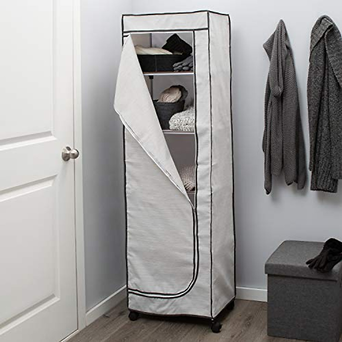 Organize It All 5 Tier Portable Wardrobe Storage Closet Tower | Dimensions: 20" x 12" x 65" | 5 Tier | Space Saving | Durable | Closet Accessories | Grey