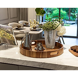 Full Solid Round Decorative Serving Tray | Farmhouse Style Acacia Wood Trays for Ottoman Coffee Table Bath Counter Organizer Tray | Kitchen Tray Platter Living Room Candle Decor | for All Occasion