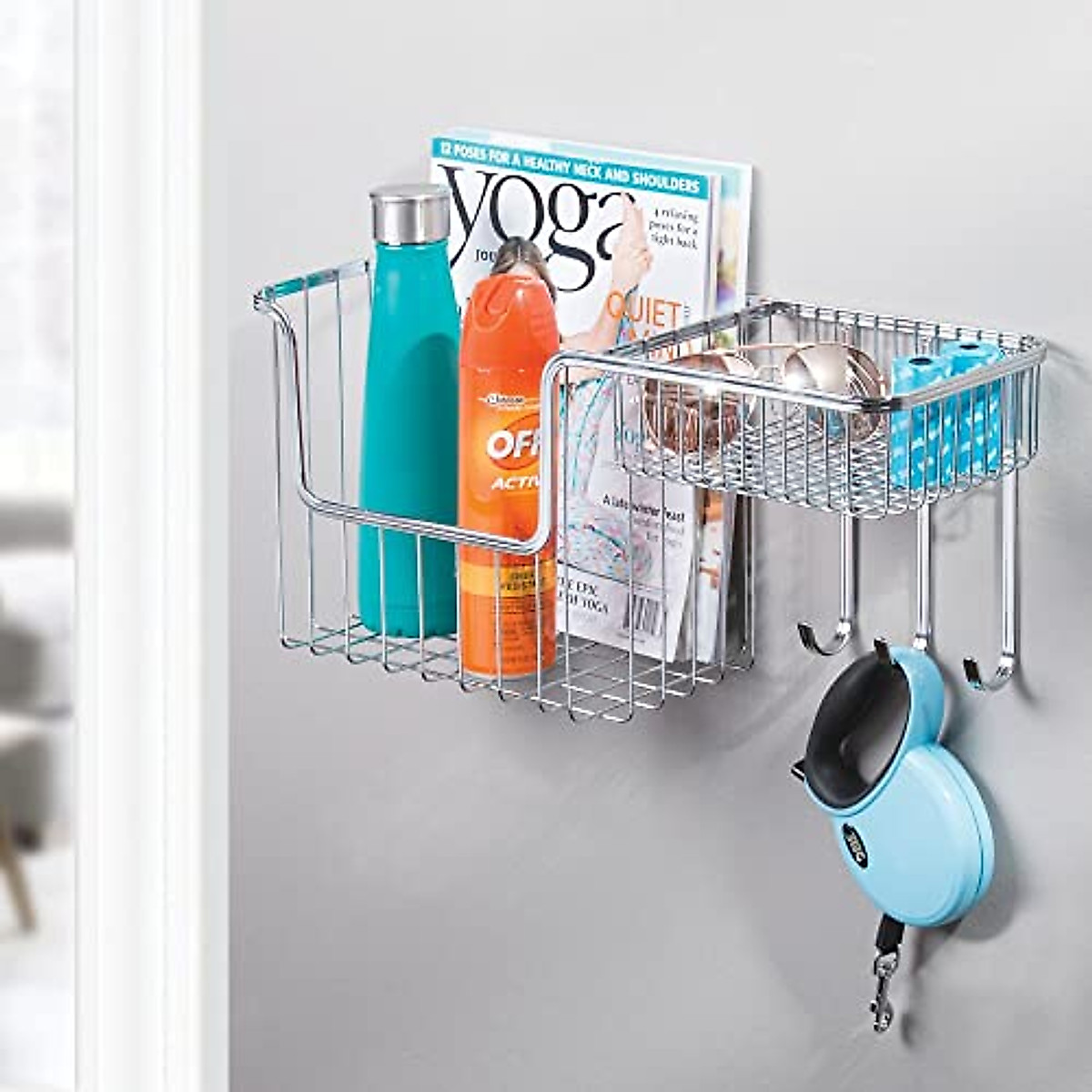 mDesign Metal Wire Wall Mount Entryway Storage Organizer Mail Basket Holder with 3 Hooks, 2 Compartments - for Organizing Letters, Magazines, Keys, Coats, Leashes - Chrome