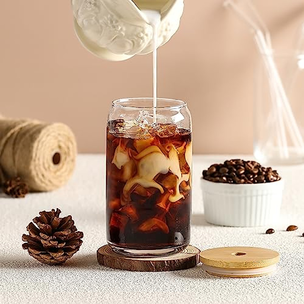 [ 12pcs Set ] Glass Cups with Bamboo Lids and Glass Straw - Beer Can Shaped Drinking Glasses, 16 oz Iced Coffee Glasses, Cute Tumbler Cup for Smoothie, Boba Tea, Whiskey, Water - 4 Cleaning Brushes