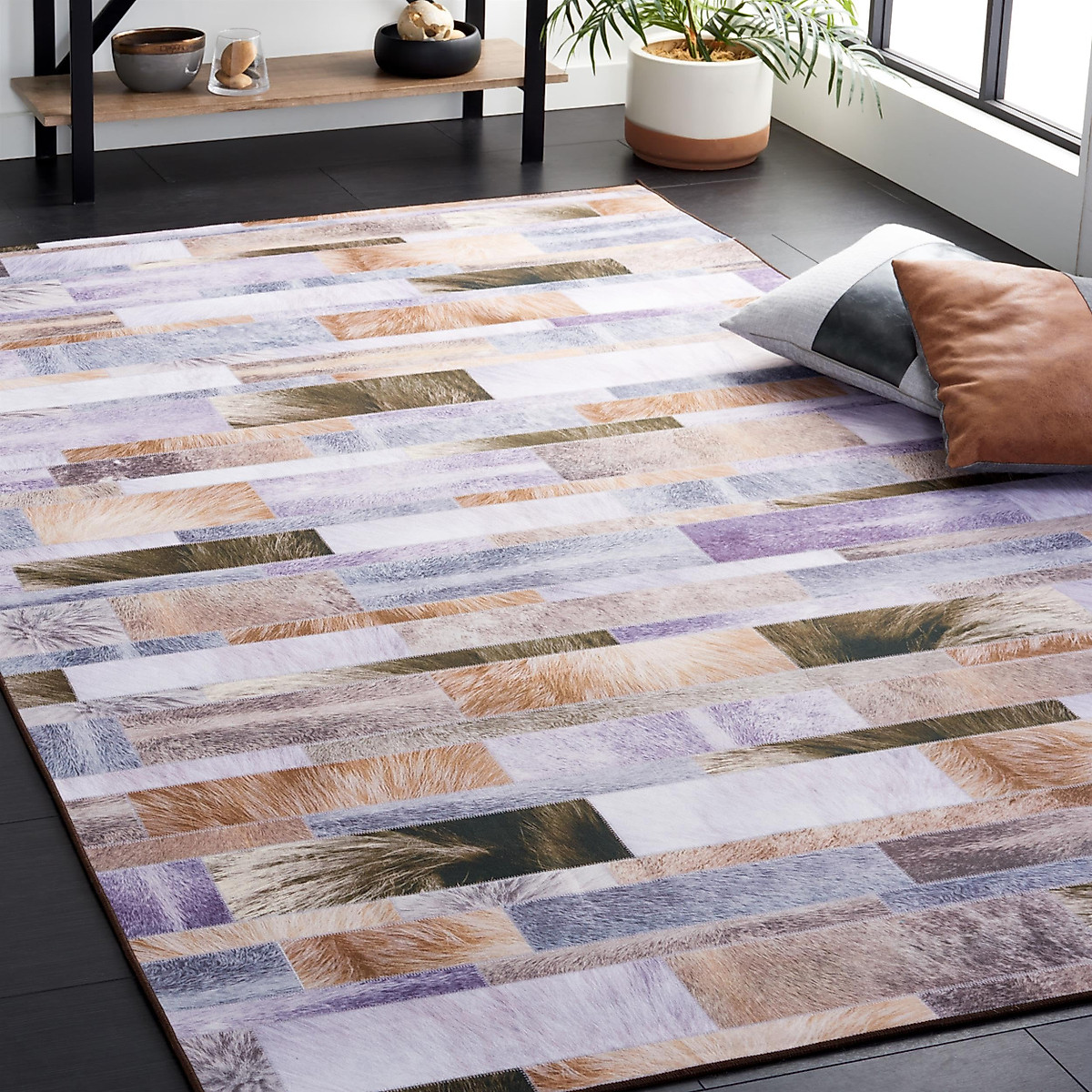 SAFAVIEH Faux Hide Collection Area Rug - 9' x 12', Beige & Purple, Rustic Modern Glam Design, Non-Shedding & Easy Care, Machine Washable Ideal for High Traffic Areas in Living Room, Bedroom (FAH515A)