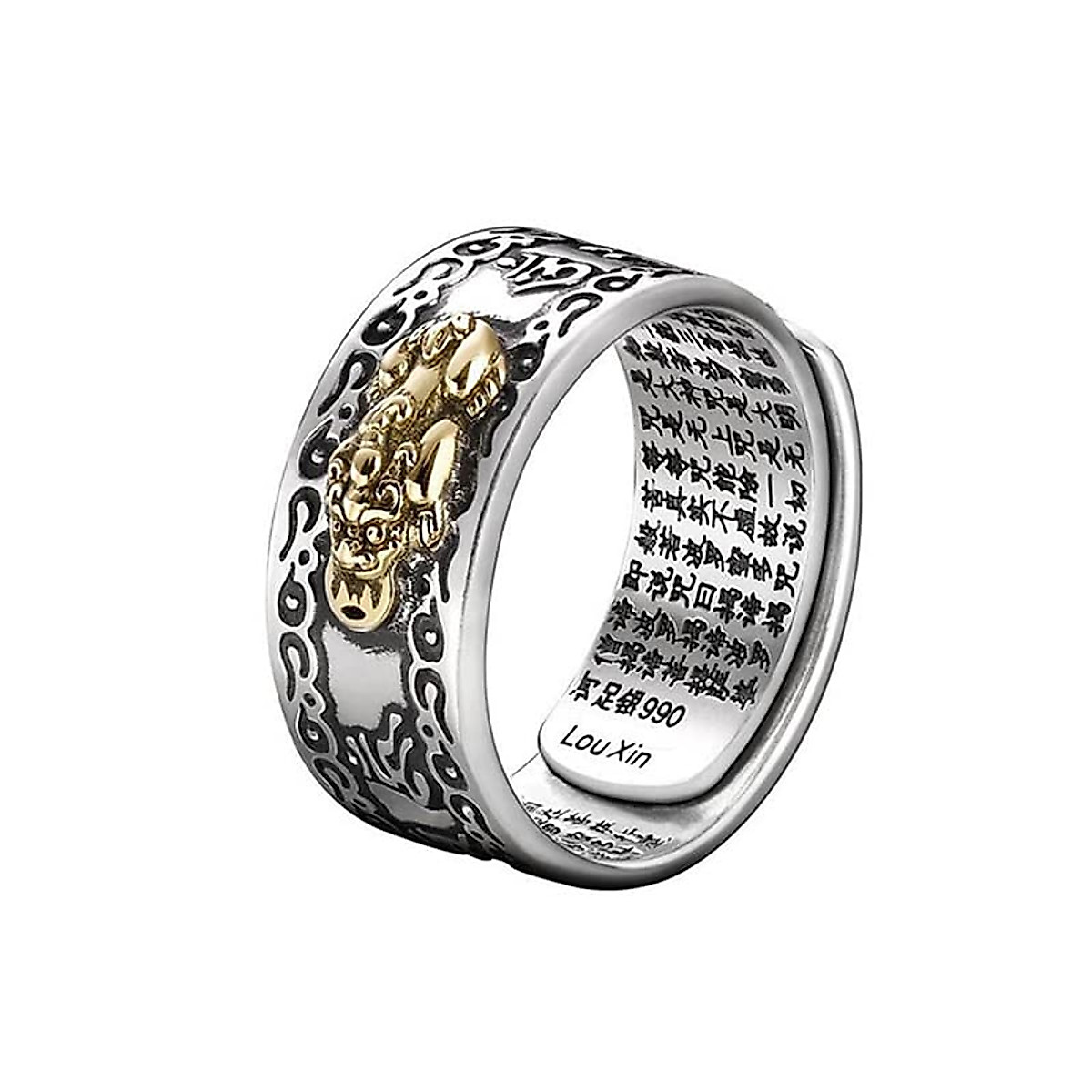 Feng Shui Pixiu Mantra Ring Buddhist Vintage Ring Adjustable Good Luck Amulet Mantra Double Protection Wealth Love Health Ring Gift for Men Women (A)