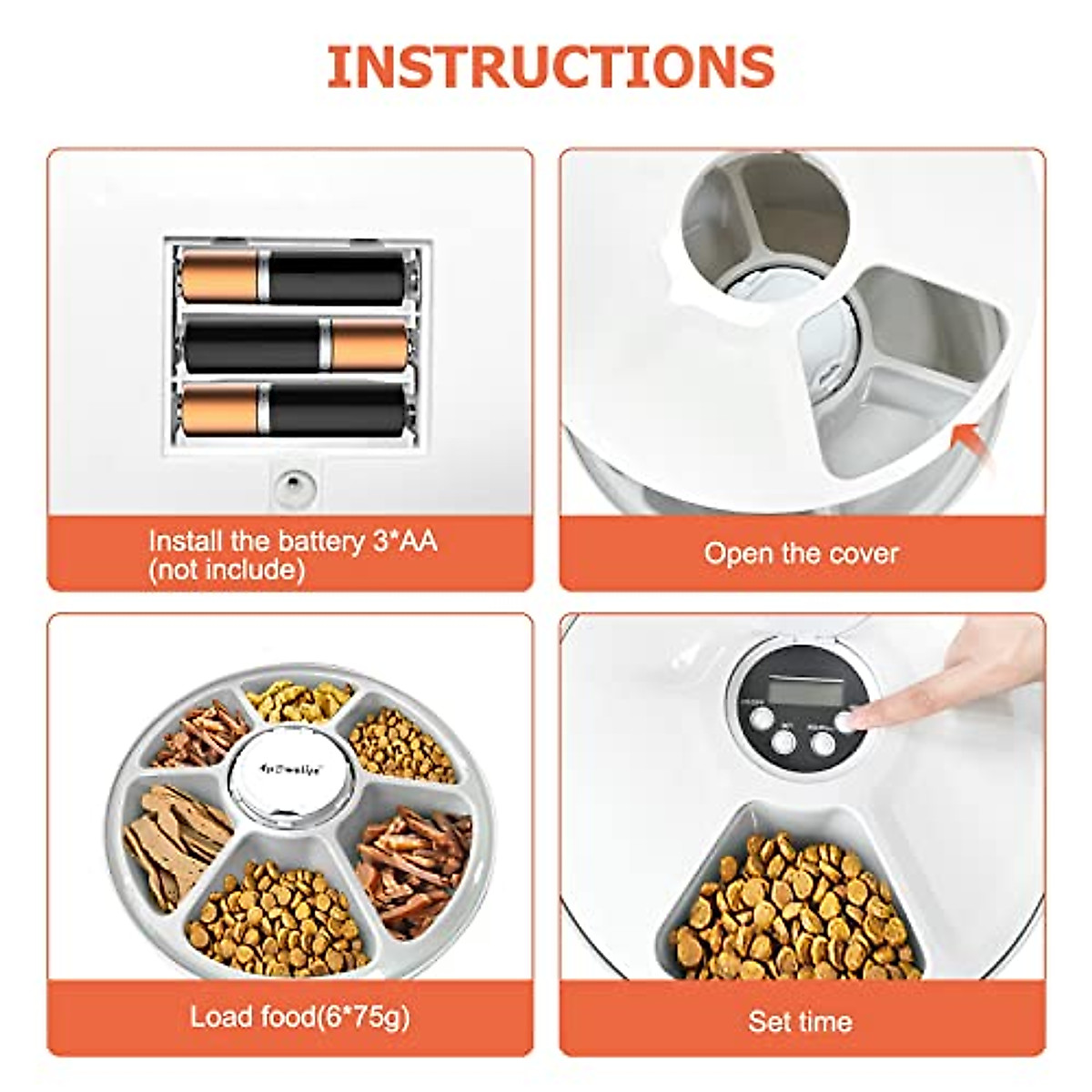 Pets Automatic Timed Pet Feeder,4pawslife 6 Meal Food Dispenser for Dogs, Cats & Small Animals Auto Feeder with Music