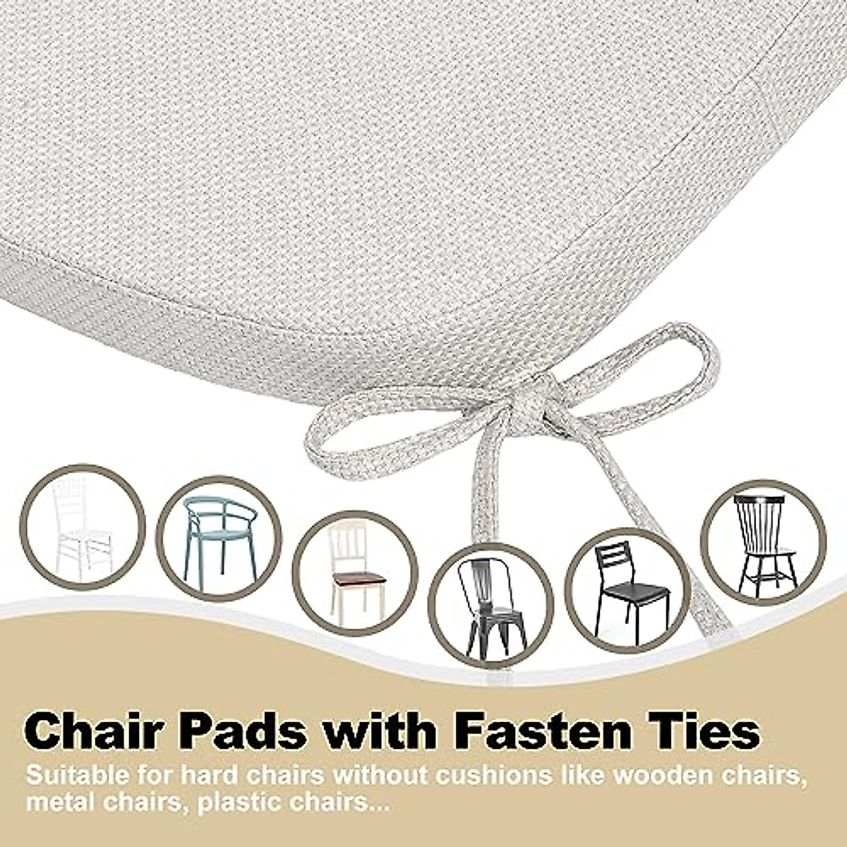 HAVARGO Chair Pads Kitchen Chair Cushions 17"X16" High Resilient Foam Seat Cushion for Kitchen Chairs, Dining Room Chair Cushions with Tie and Non-Slip Backing Set of 4, Ivory White