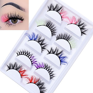 gootrades 2023 5 Pairs Colored False Eyelashes Pack, 3D Fluffy Faux Mink Color Eye Lashes Strip Wipsy Multicolored Two-Toned Fake Lashes for Daily Christmas Cosplay, Red/Pink/Blue/Green/Purple Lashes on the End
