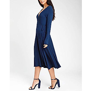 R.Vivimos Women Spring Autumn Long Sleeve Sweater Knitted Slim Elastic V Neck Sexy Midi Wrap Dresses （Large, Navy Blue）