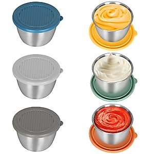 ZORGONS [6 Pack 1.7 oz Salad Dressing Container To Go - Small Condiment Containers with Lids, Reusable Stainless Steel Sauce Cups - Leakproof Silicone Lids for Lunch Bento Box, Picnic and Travel.